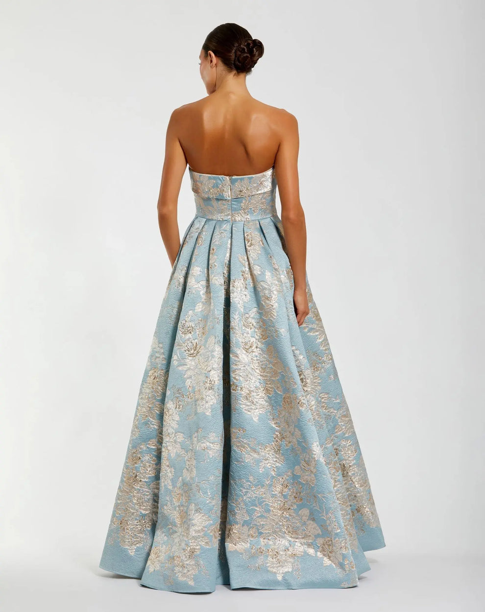 Blue Strapless Brocade Ball Gown with Pockets | Mac Duggal