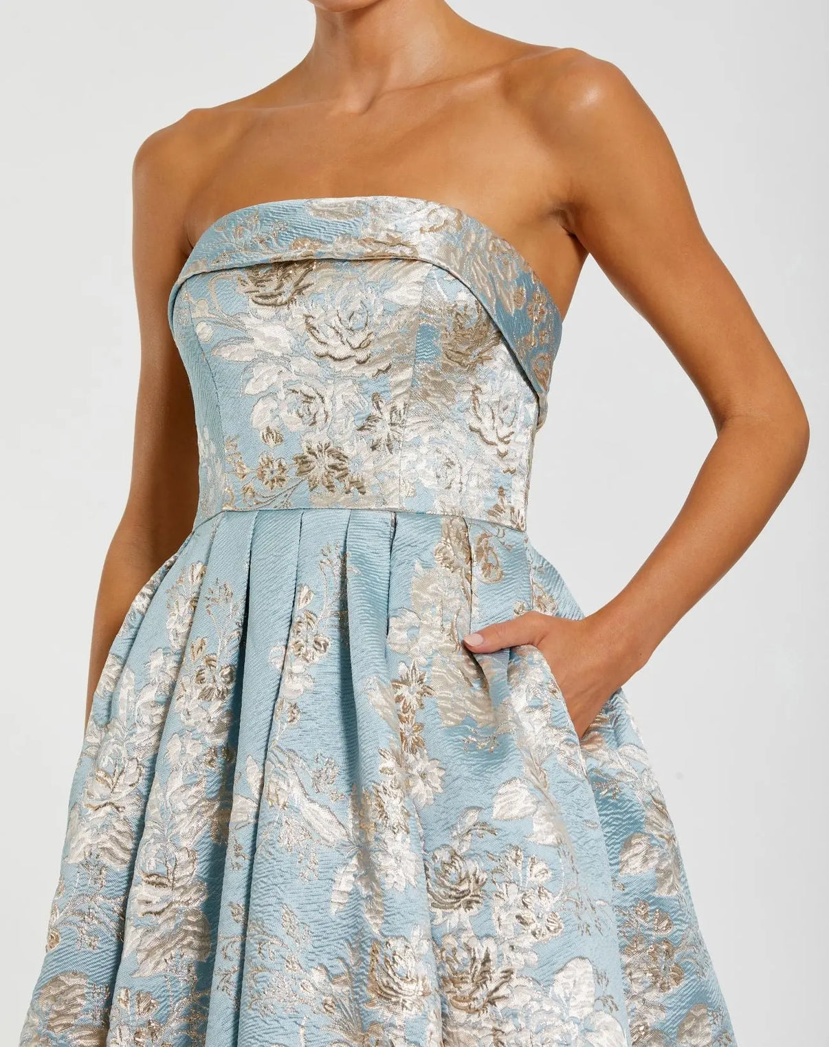 Blue Strapless Brocade Ball Gown with Pockets | Mac Duggal