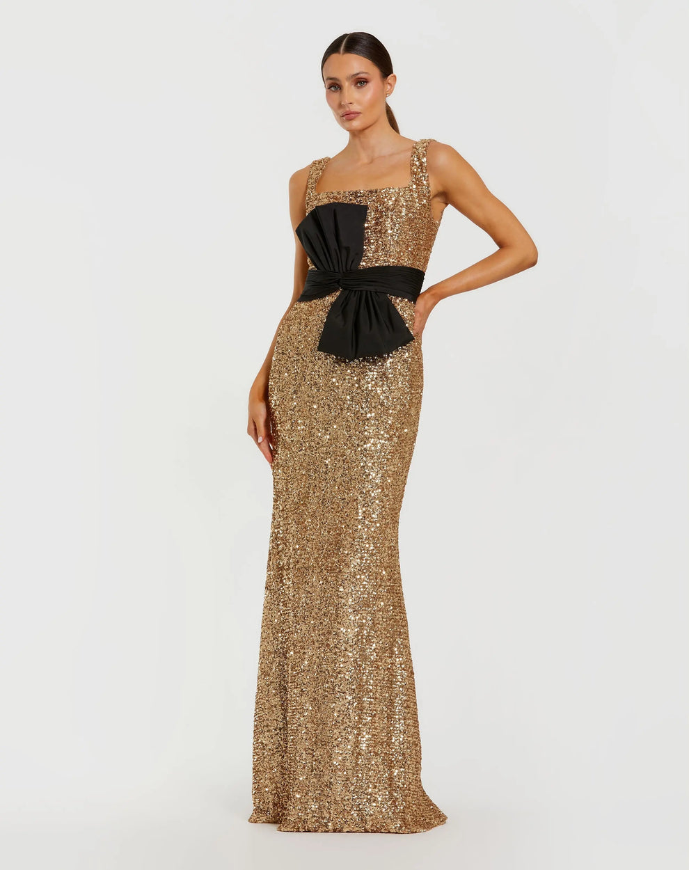 Gold Sequin Square Neck Column Gown With Faille Bow | Mac Duggal