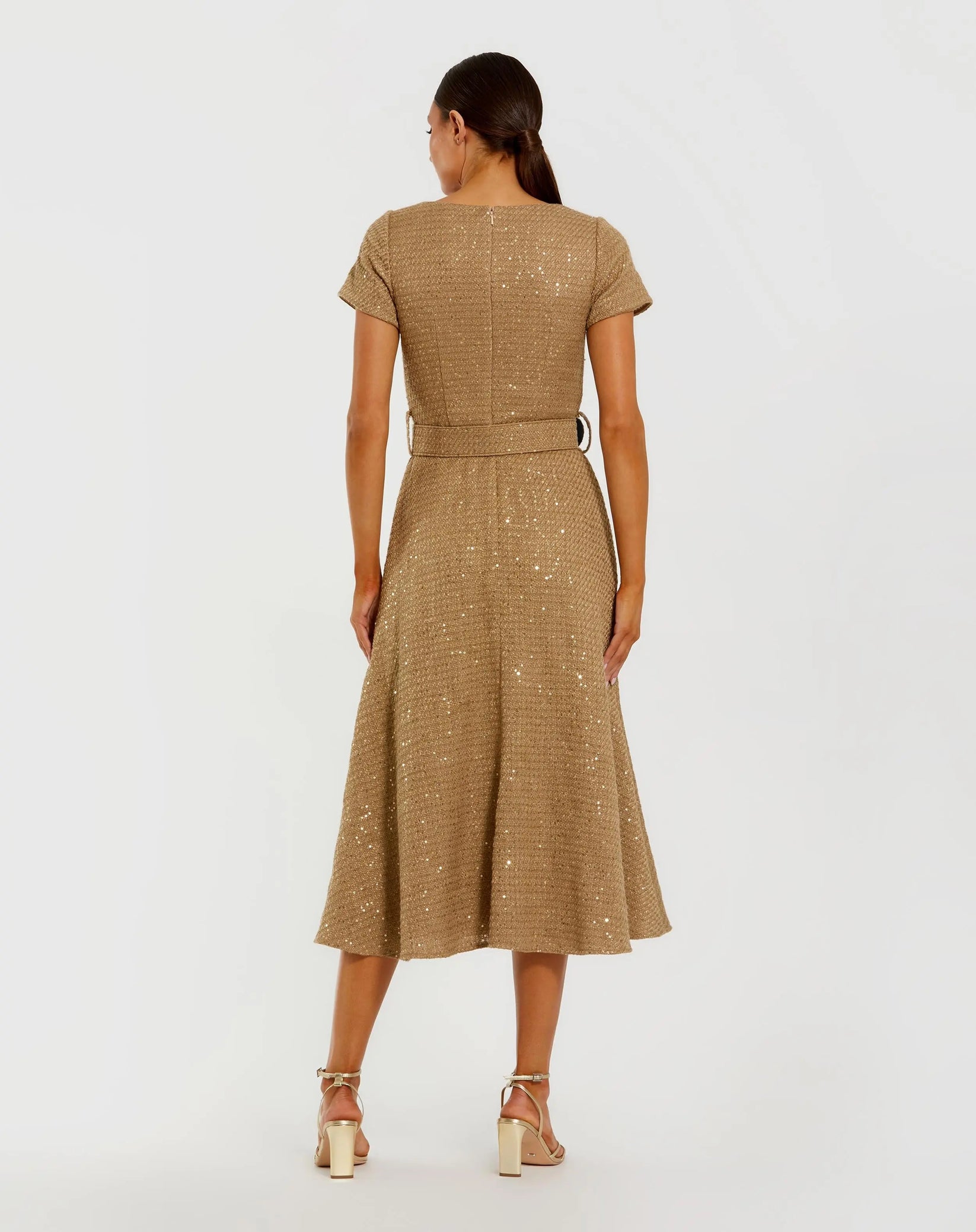 Gold Boucle Cap Sleeve High Neck Button Up Midi Dress | Mac Duggal