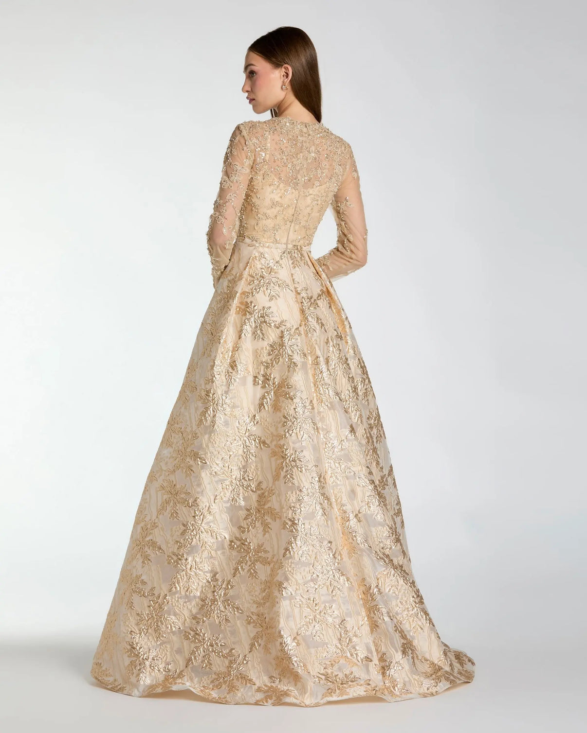 Gold Embellished Long Sleeve Brocade Ball Gown | Mac Duggal