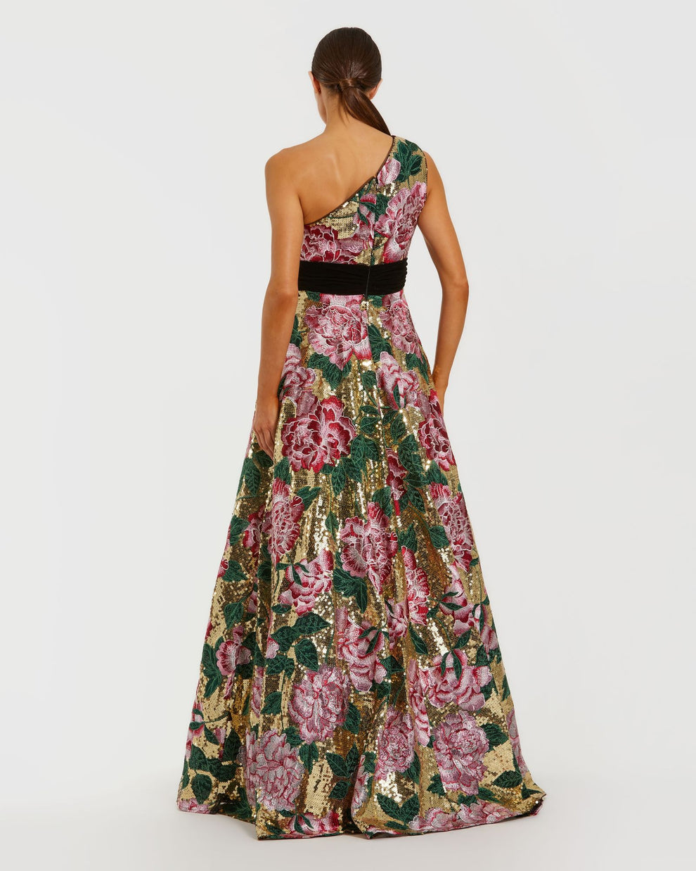 Multicolor One Shoulder Sequin Ball Gown With Velvet Bow | Mac Duggal