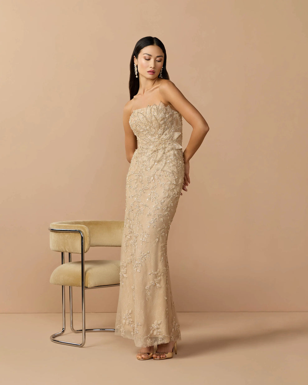 Beige Strapless Lace Gown 3D Flower Detail | Mac Duggal