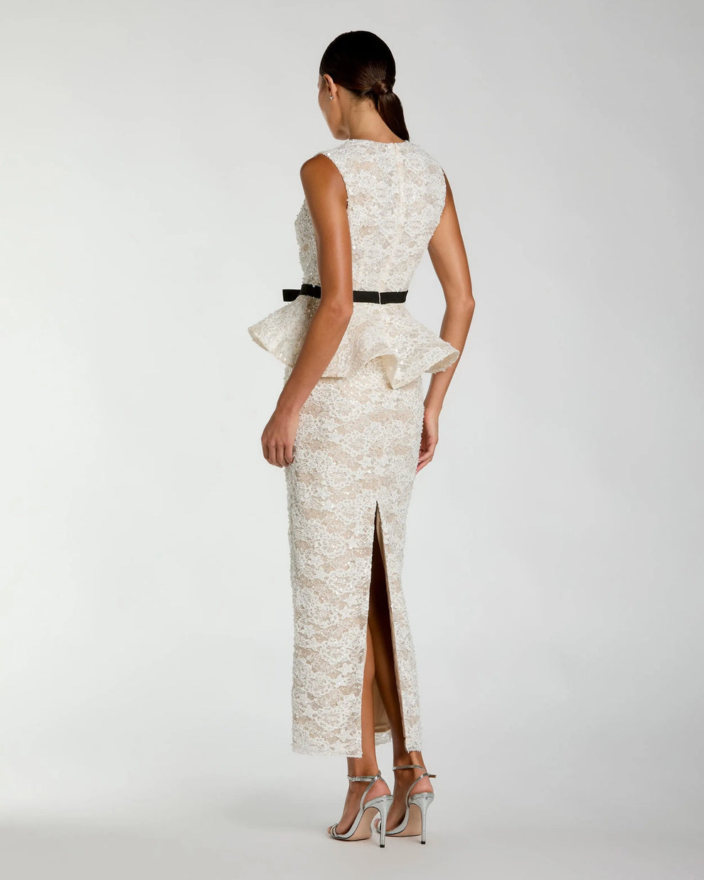 White Lace Peplum Column Dress with Bow | Mac Duggal