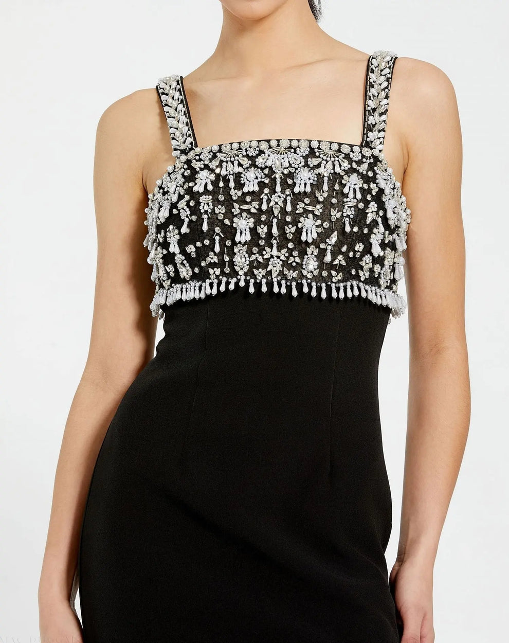Black Wide Strap Embellished Top Midi Dress - Mac Duggal