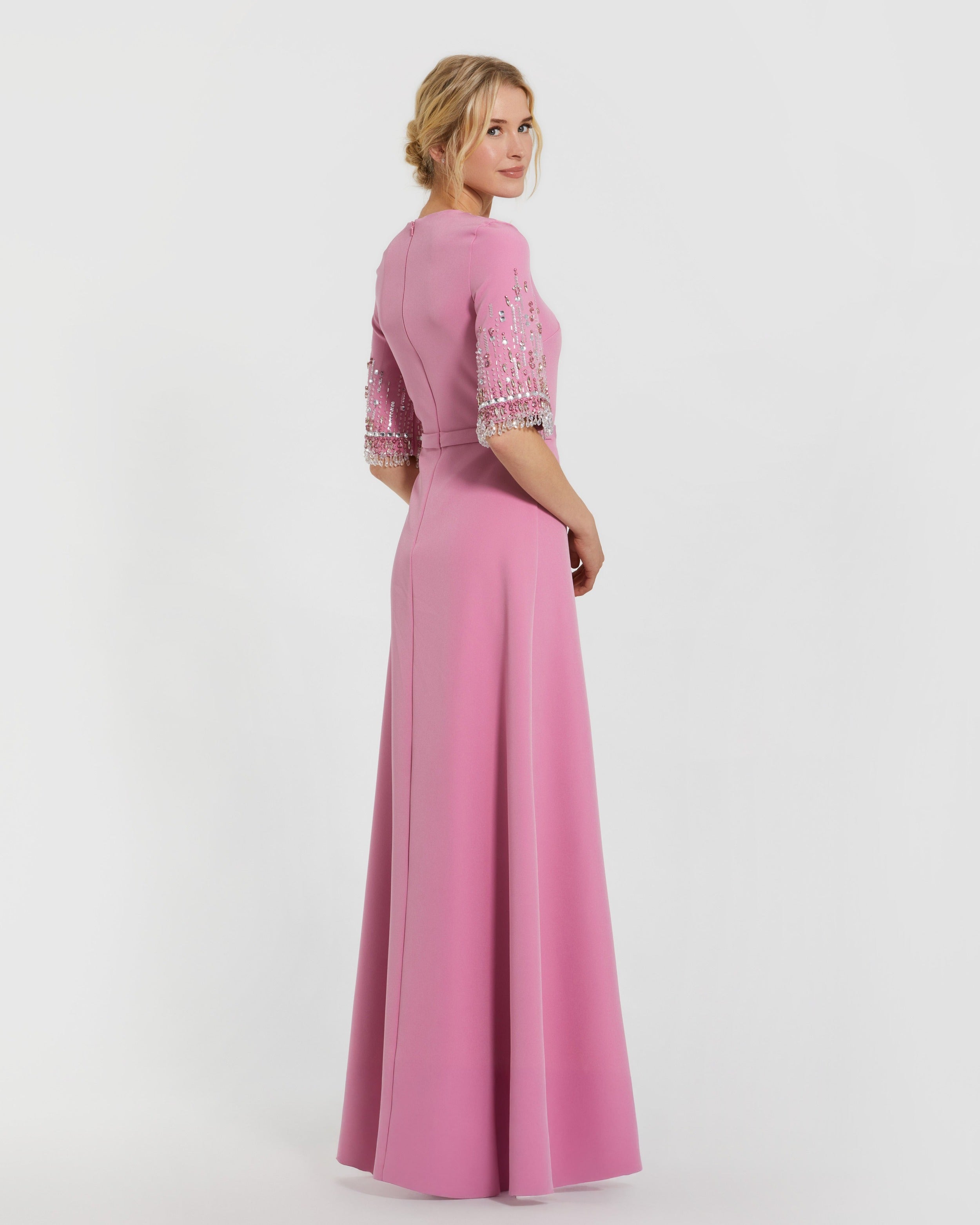 Pink Crepe A Line Gown With Beaded 3/4 Sleeves | Mac Duggal