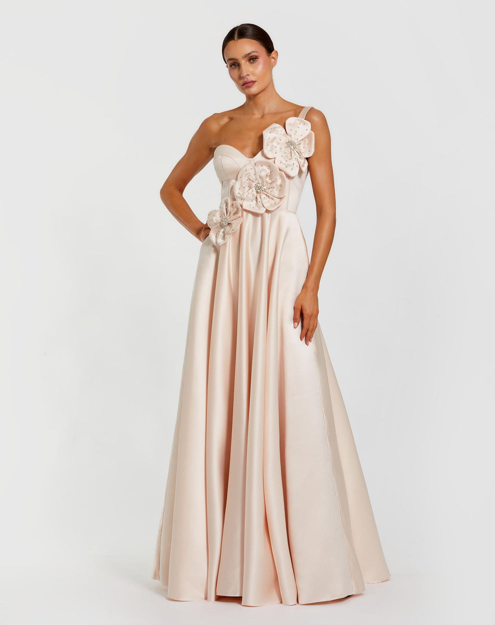 Light Pink Satin Bustier Ball Gown With 3D Flowers | Mac Duggal