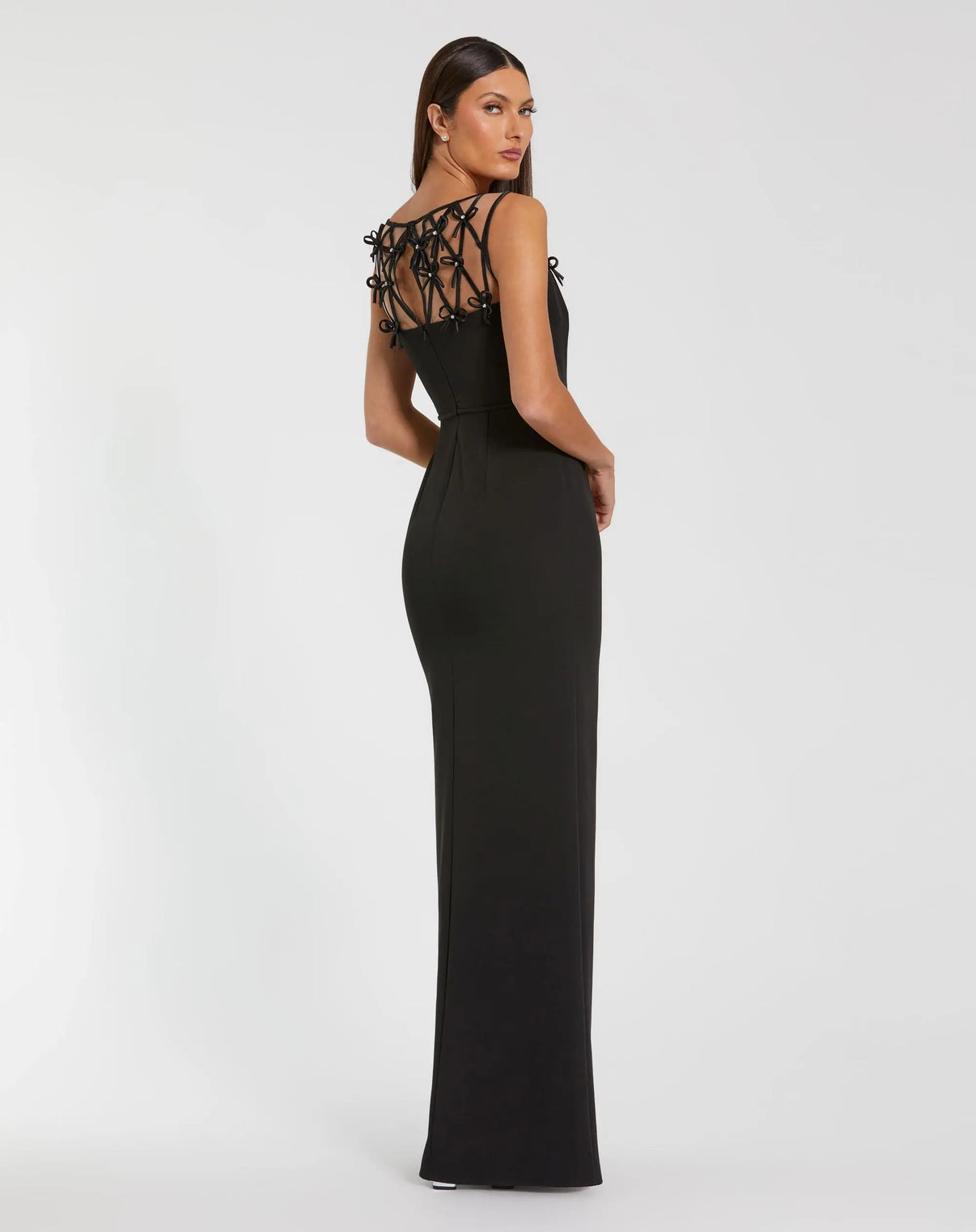 Black Sleeveless Crepe Gown With Embellished Bows | Mac Duggal