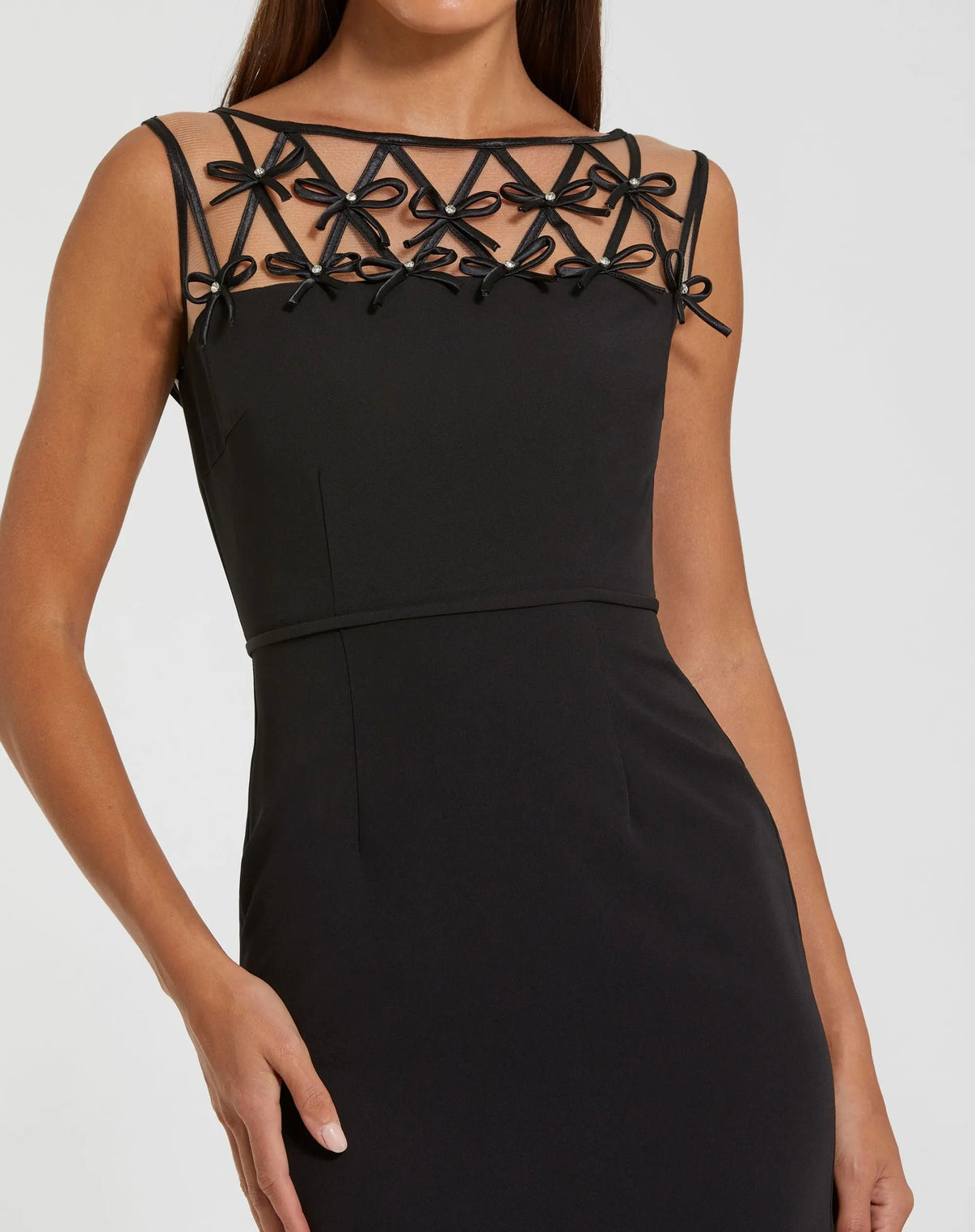 Black Sleeveless Crepe Gown With Embellished Bows | Mac Duggal