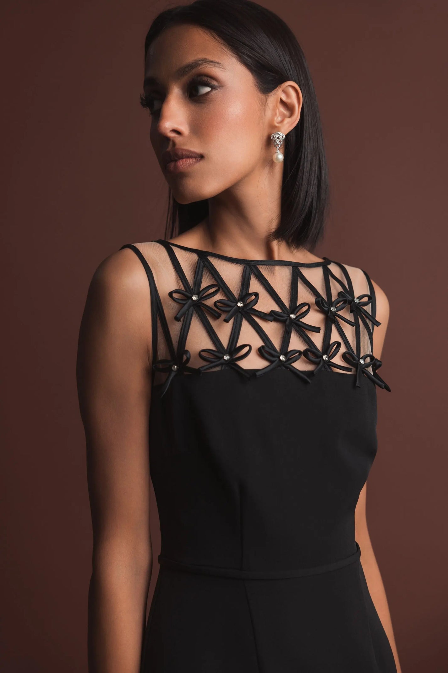 Black Sleeveless Crepe Gown With Embellished Bows | Mac Duggal