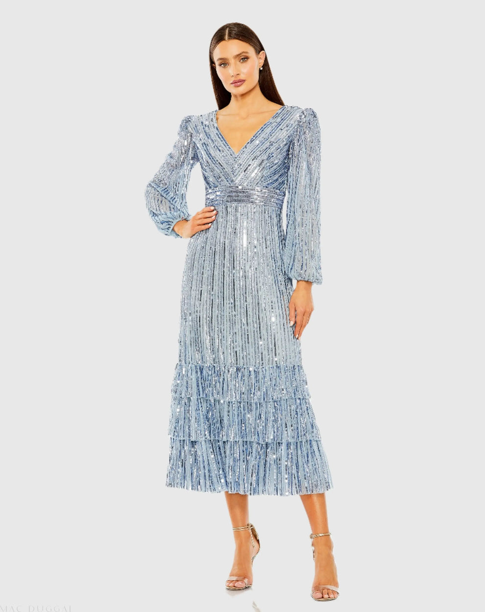 A-Line V-Neck Sequin Ruffle Dress | Mac Duggal