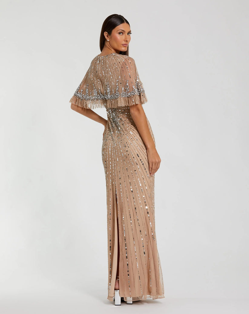 Beige Embellished Mesh Fitted Gown With Capelet | Mac Duggal