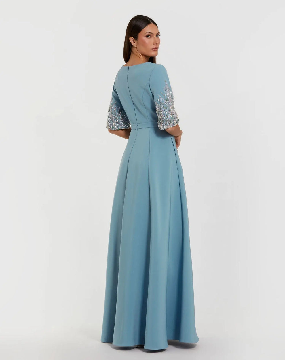 Blue Crepe Gown With Embellished 3/4 Sleeves | Mac Duggal
