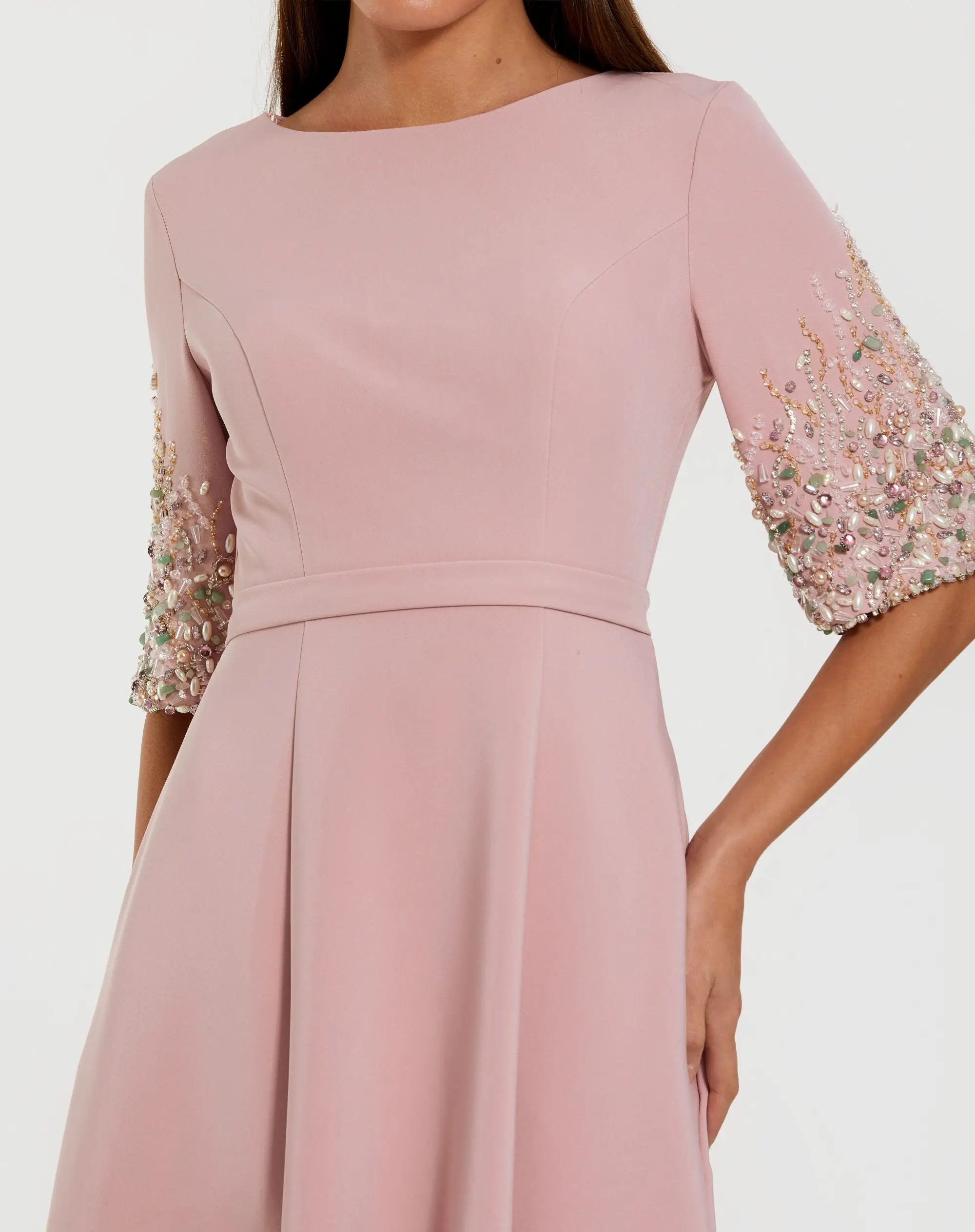Pink Crepe Gown With Embellished 3/4 Sleeves | Mac Duggal
