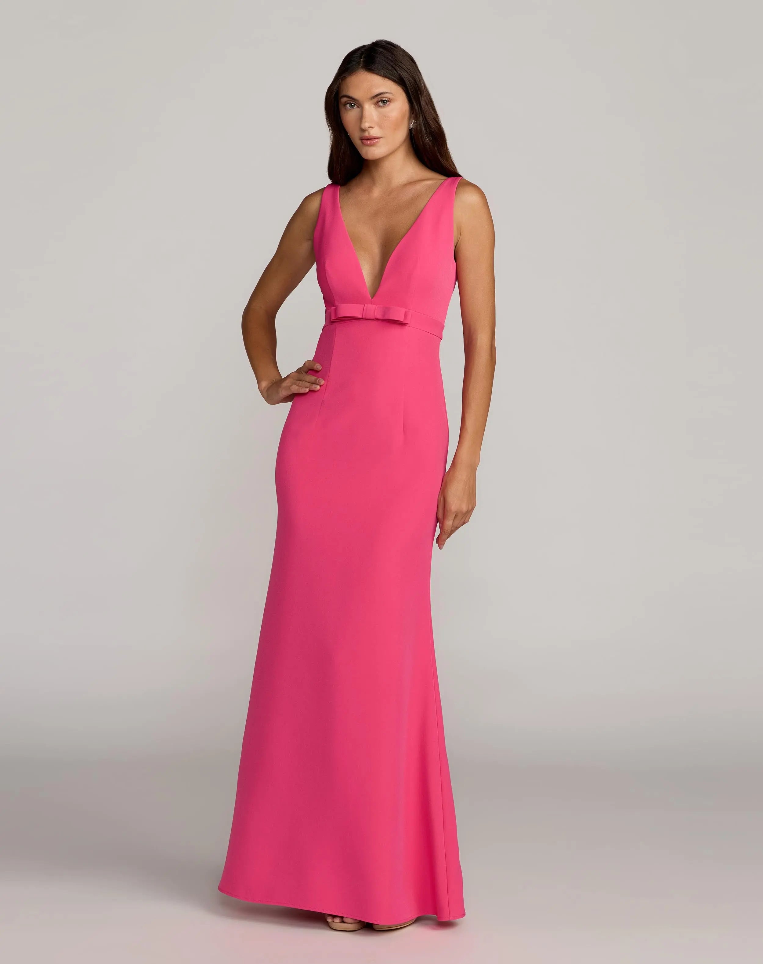 Pink Crepe V-Neck Mermaid Gown with Bow | Mac Duggal