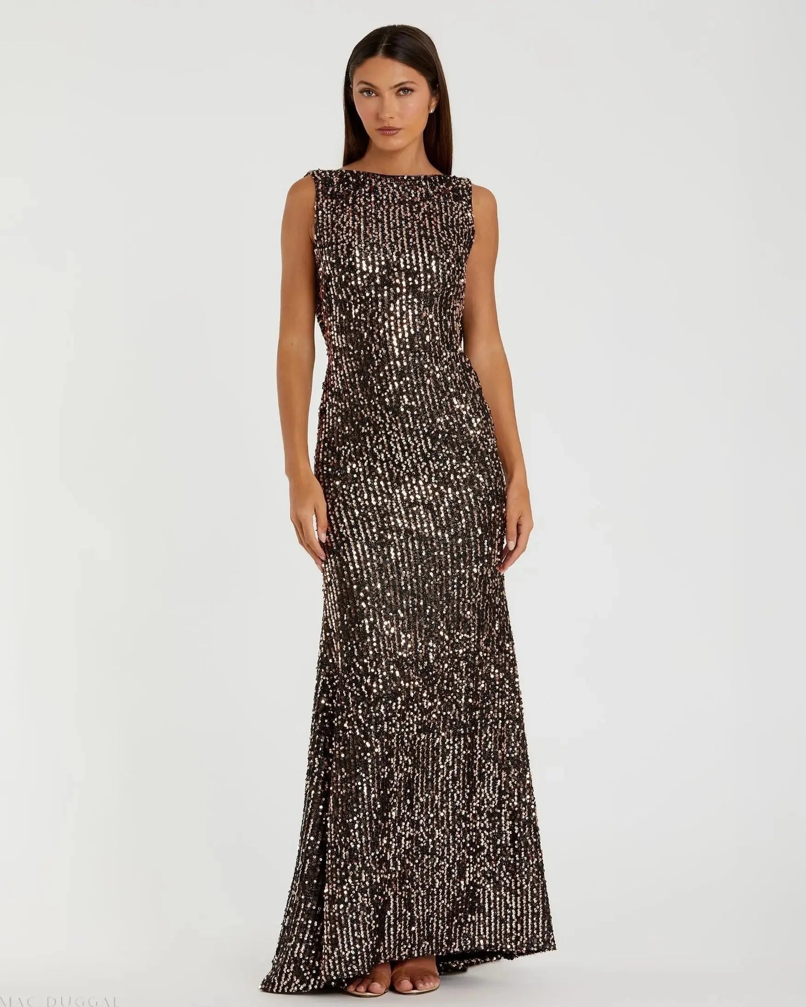 Brown Cowl Back Boat Neck Sequined Evening Gown | Mac Duggal
