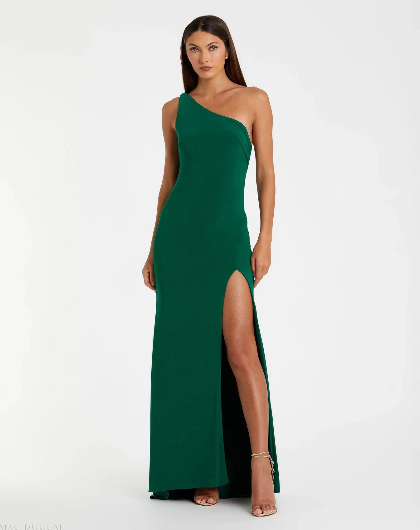 Green Jersey One Shoulder Draped Back Gown | Mac Duggal