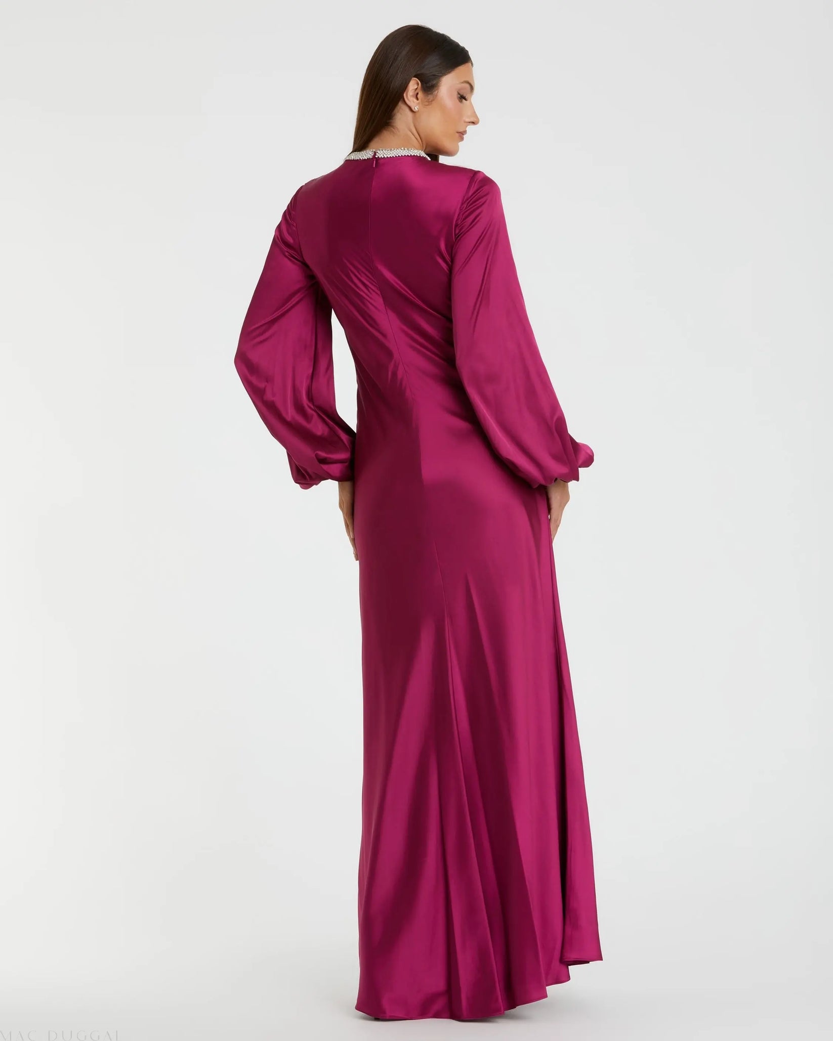 Purple Beaded High Neck Bishop Sleeve Satin Gown - Mac Duggal
