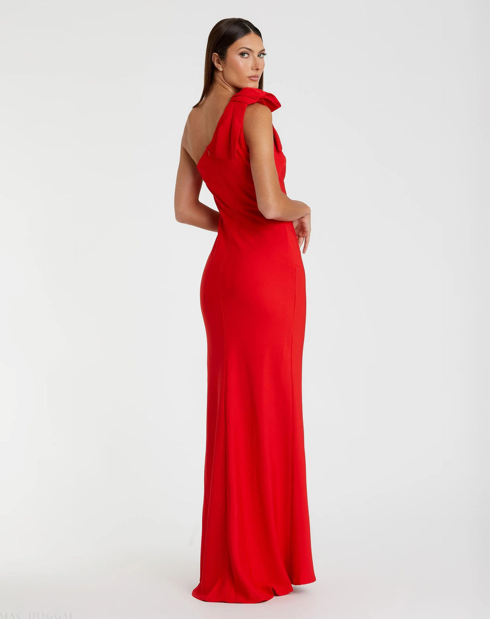 Red Crepe One Shoulder Bow Gown | Mac Duggal