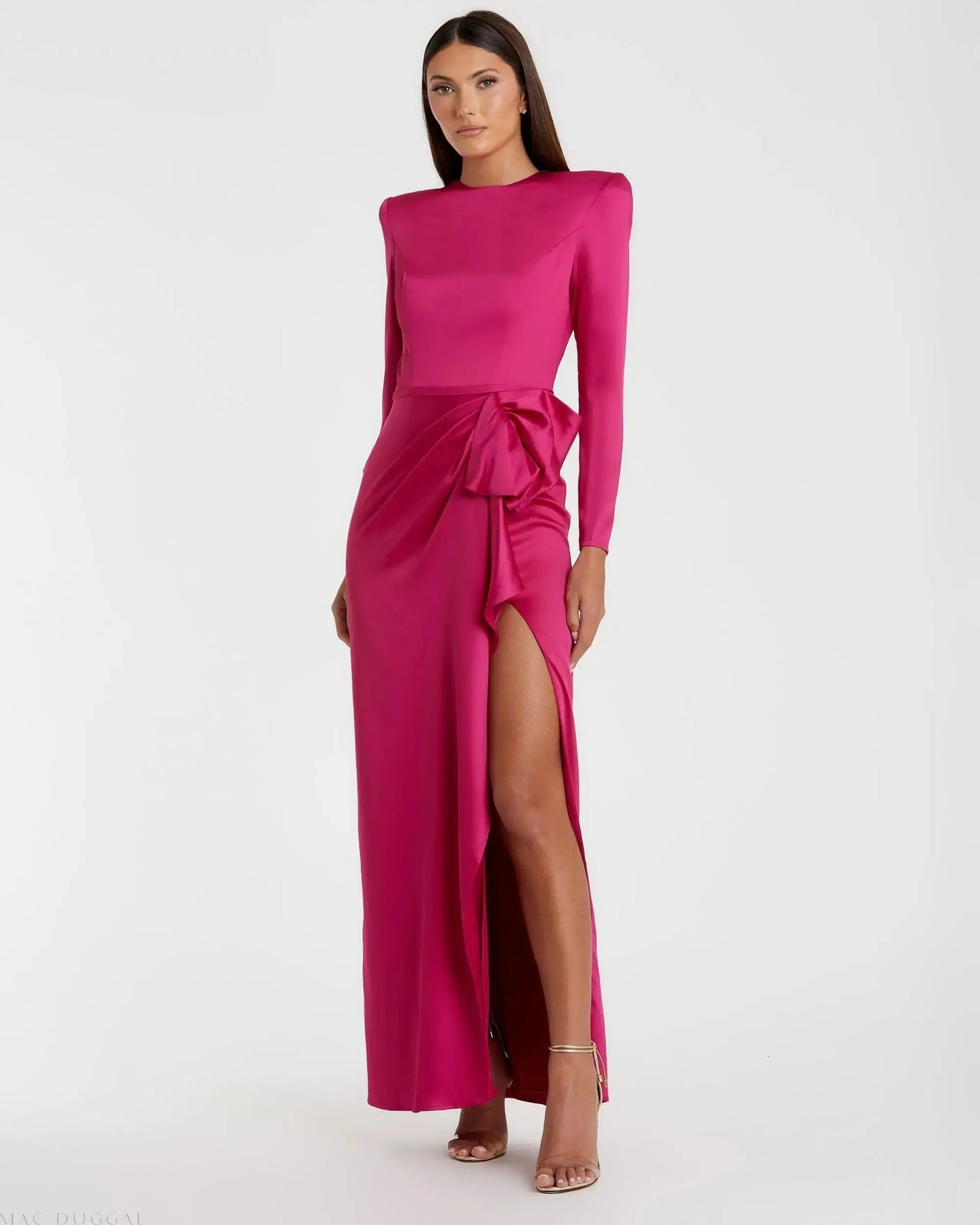 Pink Long Sleeve Satin Structured Bow Draped Column Gown - Mac Duggal