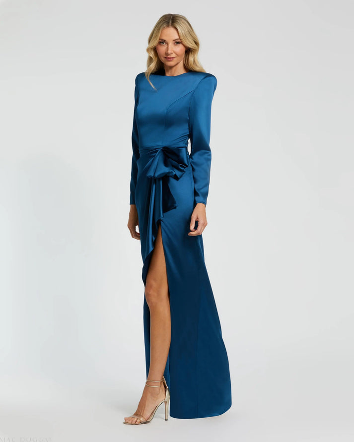 Blue Long Sleeve Satin Structured Bow Draped Column Gown - Mac Duggal