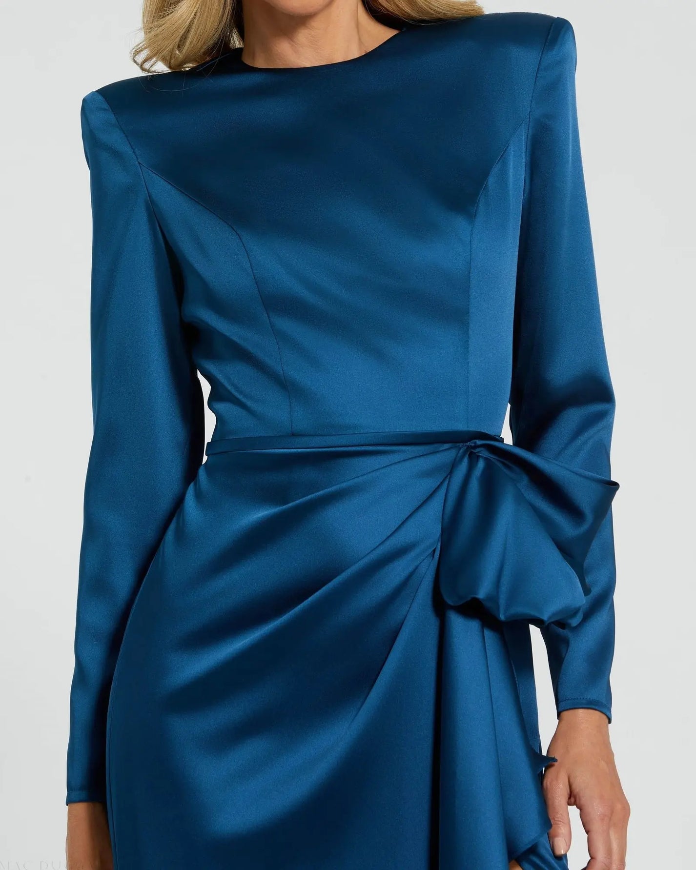Blue Long Sleeve Satin Structured Bow Draped Column Gown - Mac Duggal