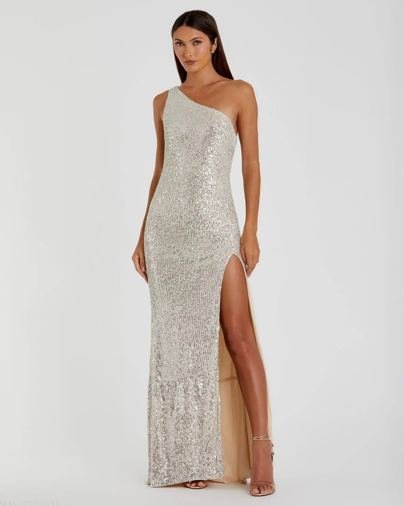 Silver Sequined One Shoulder Draped Back Gown - Mac Duggal