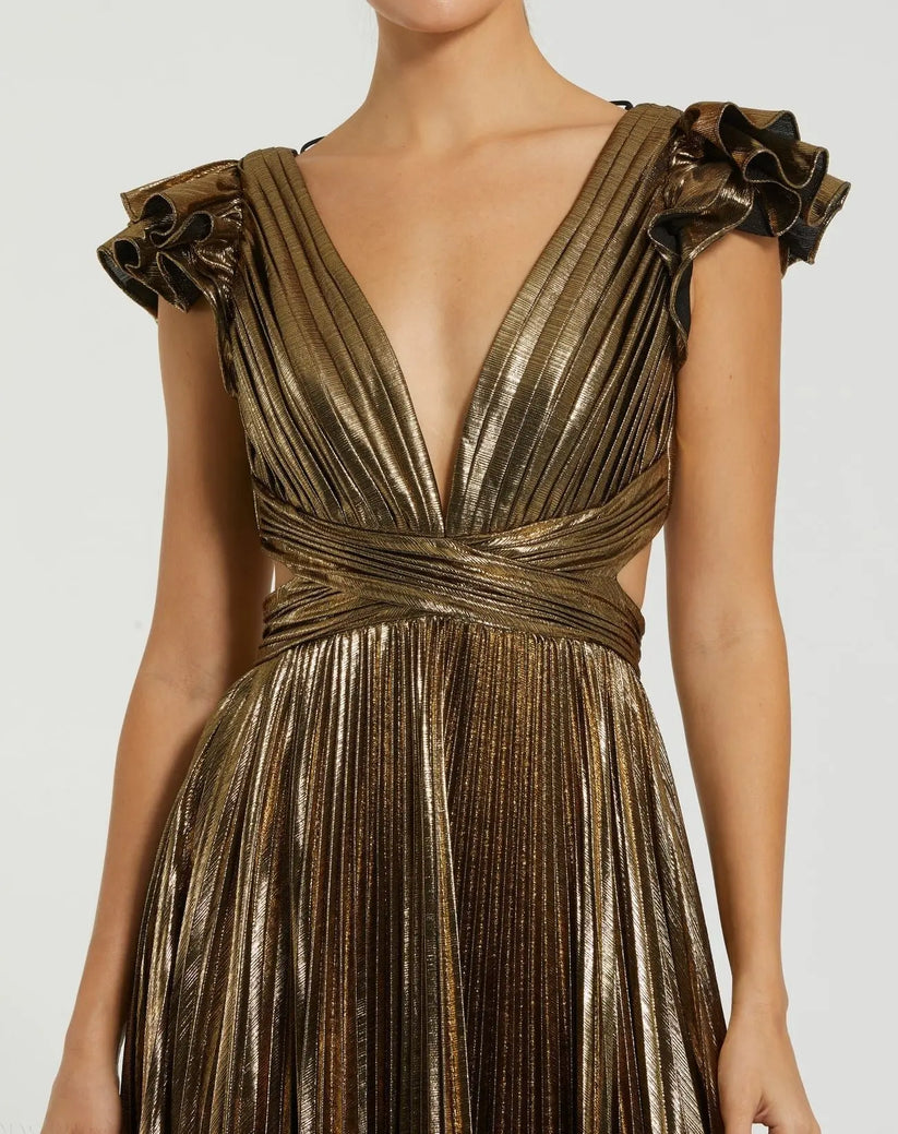 Gold Ruffle Sleeve Cutout Pleated Metallic Gown - Mac Duggal