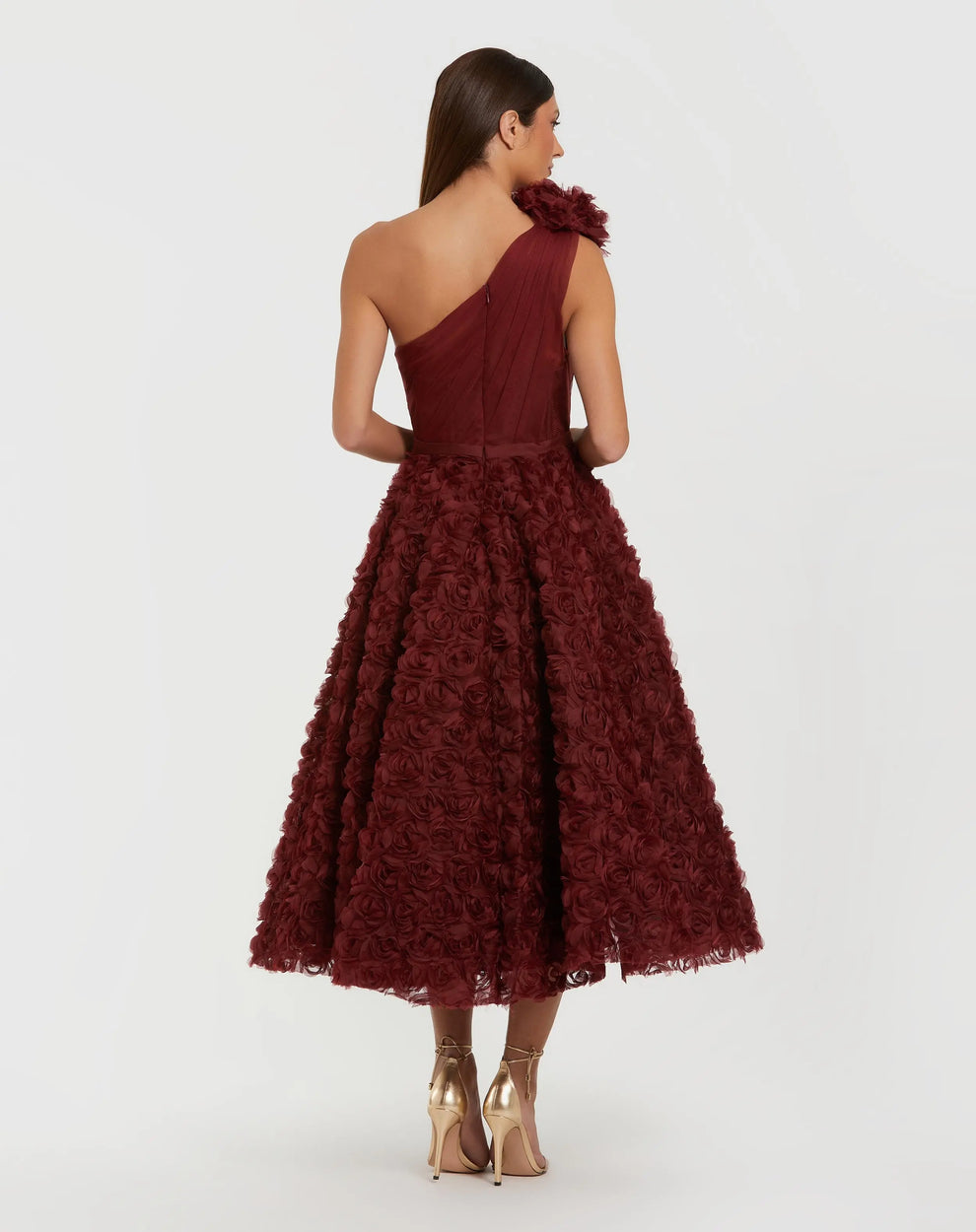 Red One Shoulder 3D Floral Rosette Midi Dress | Mac Duggal