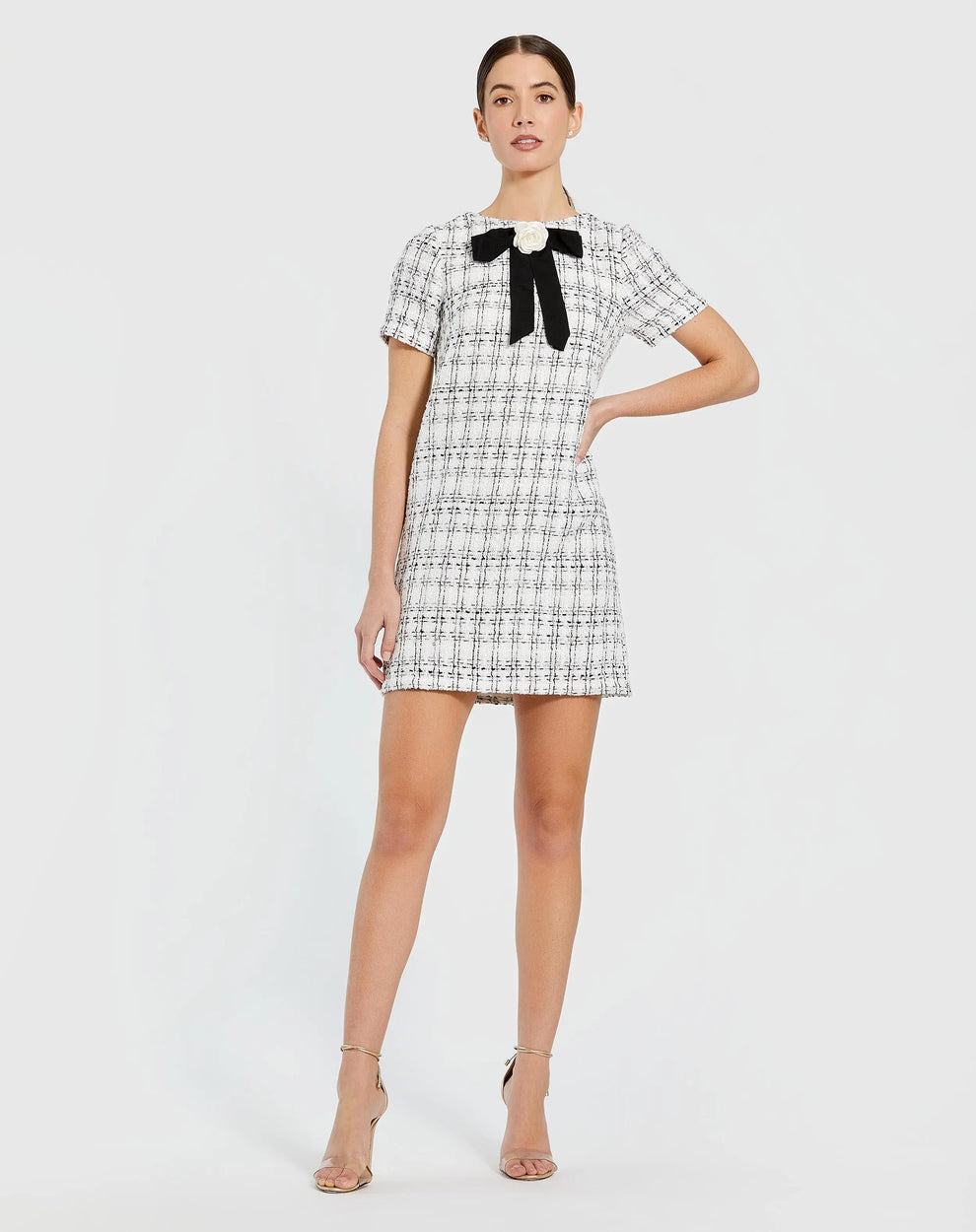 White Short Sleeve Boucle Mini Dress with Bow | Mac Duggal
