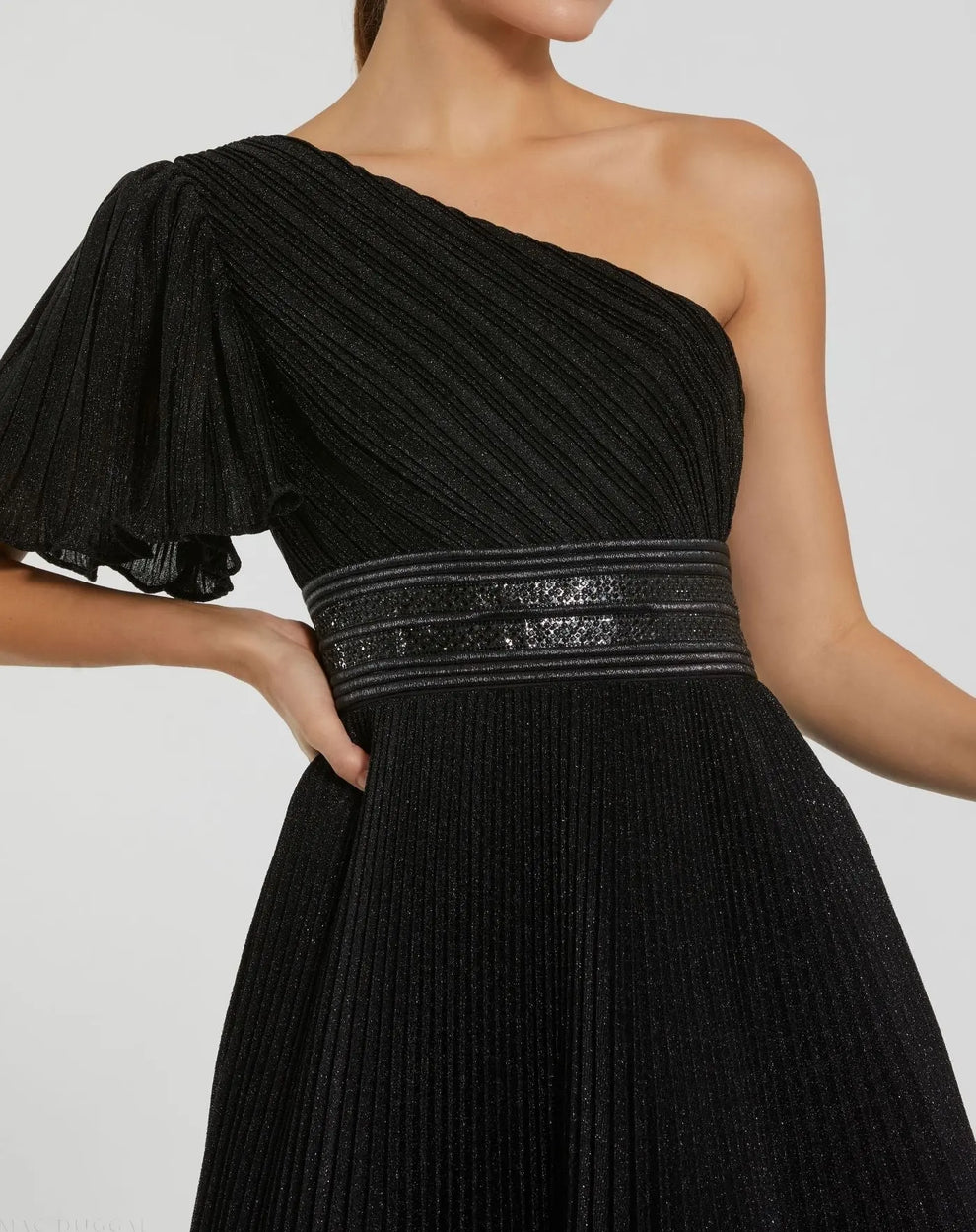 Pleated Shimmering One Shoulder Gown | Mac Duggal