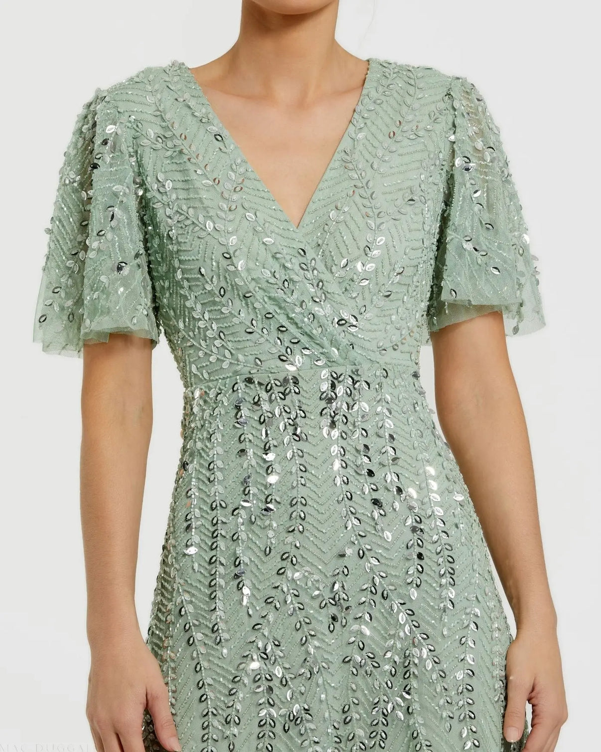 Green Beaded Wrap Over Butterfly Sleeve Column Gown - Mac Duggal