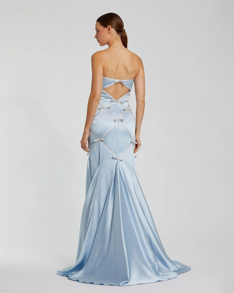 Blue Strapless Satin Trumpet Dress With Bow Details | Mac Duggal