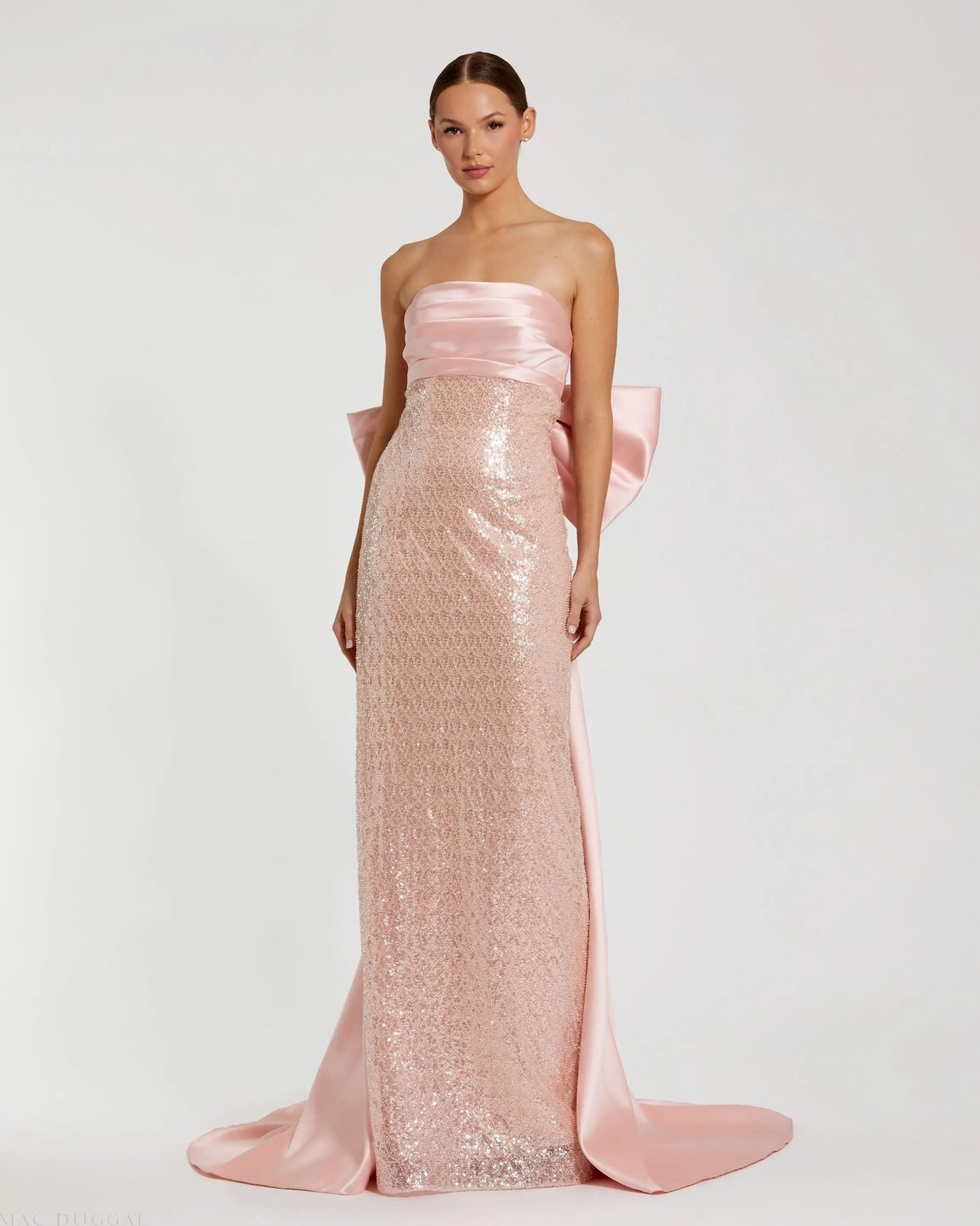 Pink Strapless Embellished Gown With Back Bow Detail | Mac Duggal