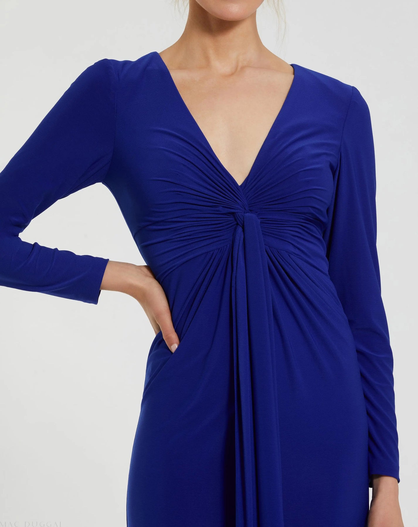 Long Sleeve Jersey V Neck Twist Knot Gown - Mac Duggal