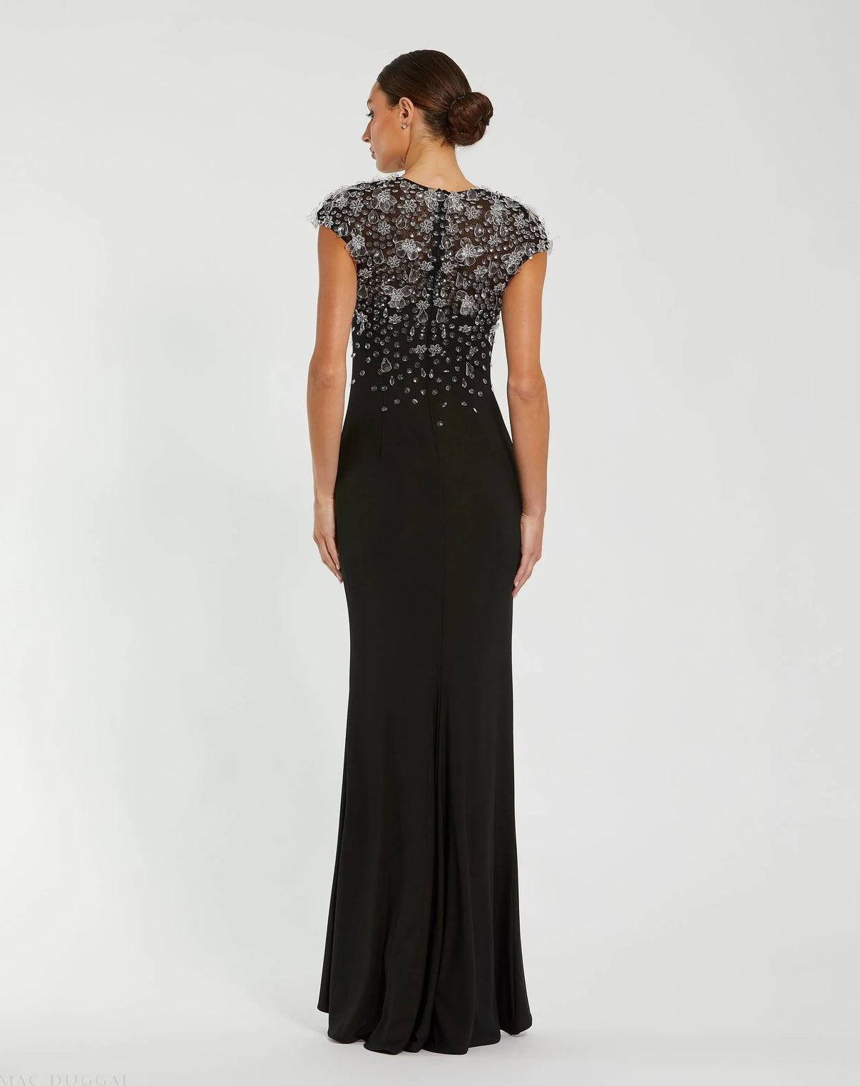 Black Crystal Embellished Jersey Fitted Cap Sleeve Gown | Mac Duggal