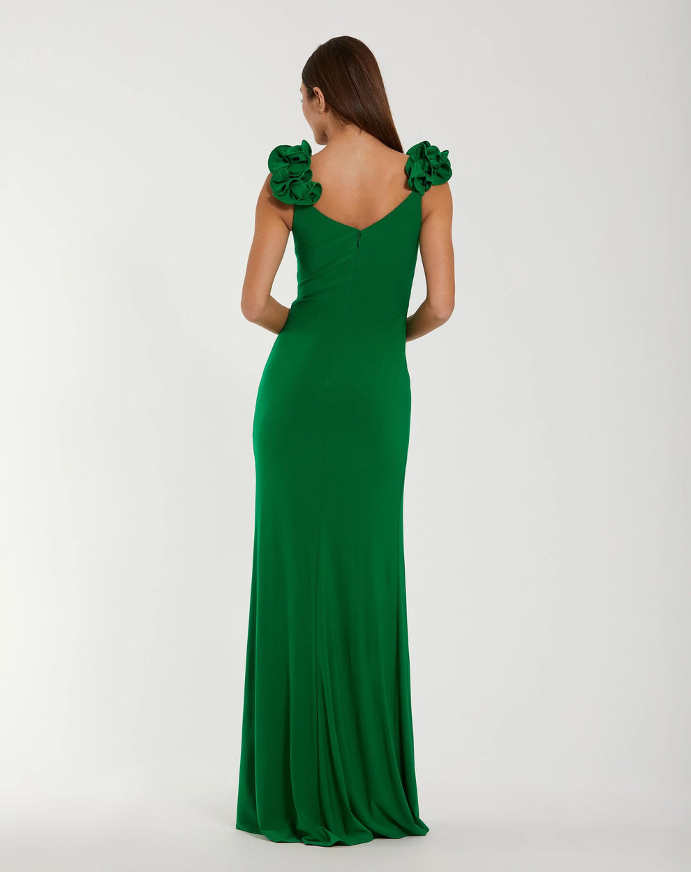 Green Sleeveless V-Neck Gown With Ruffled Straps | Mac Duggal