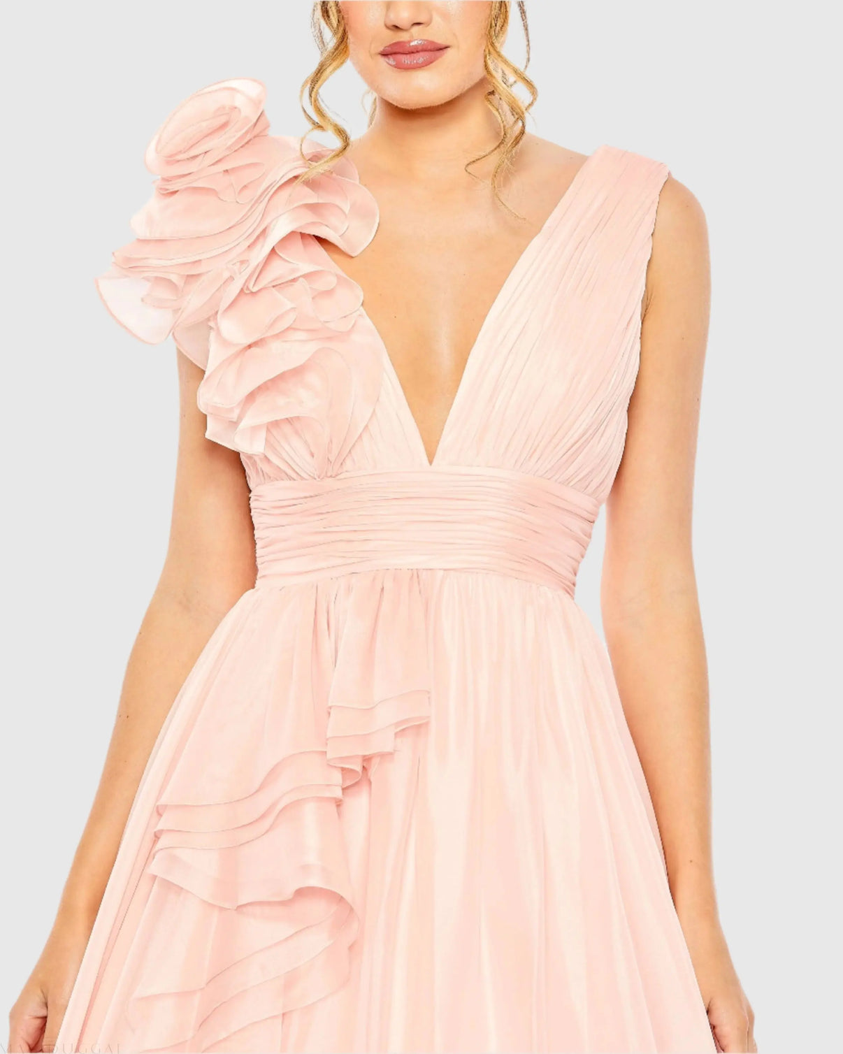 Light Pink Ruffle Shoulder V-Neck Chiffon Gown - Mac Duggal