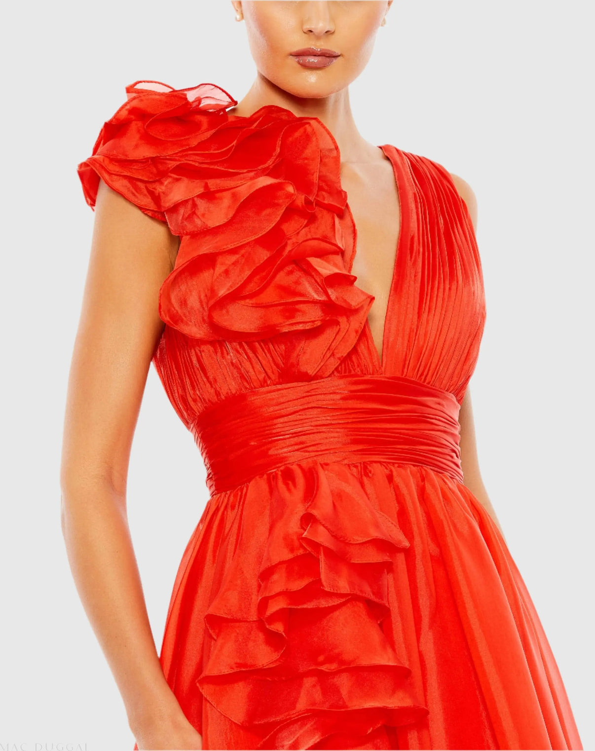 Red Ruffle Shoulder V-Neck Chiffon Gown | Mac Duggal