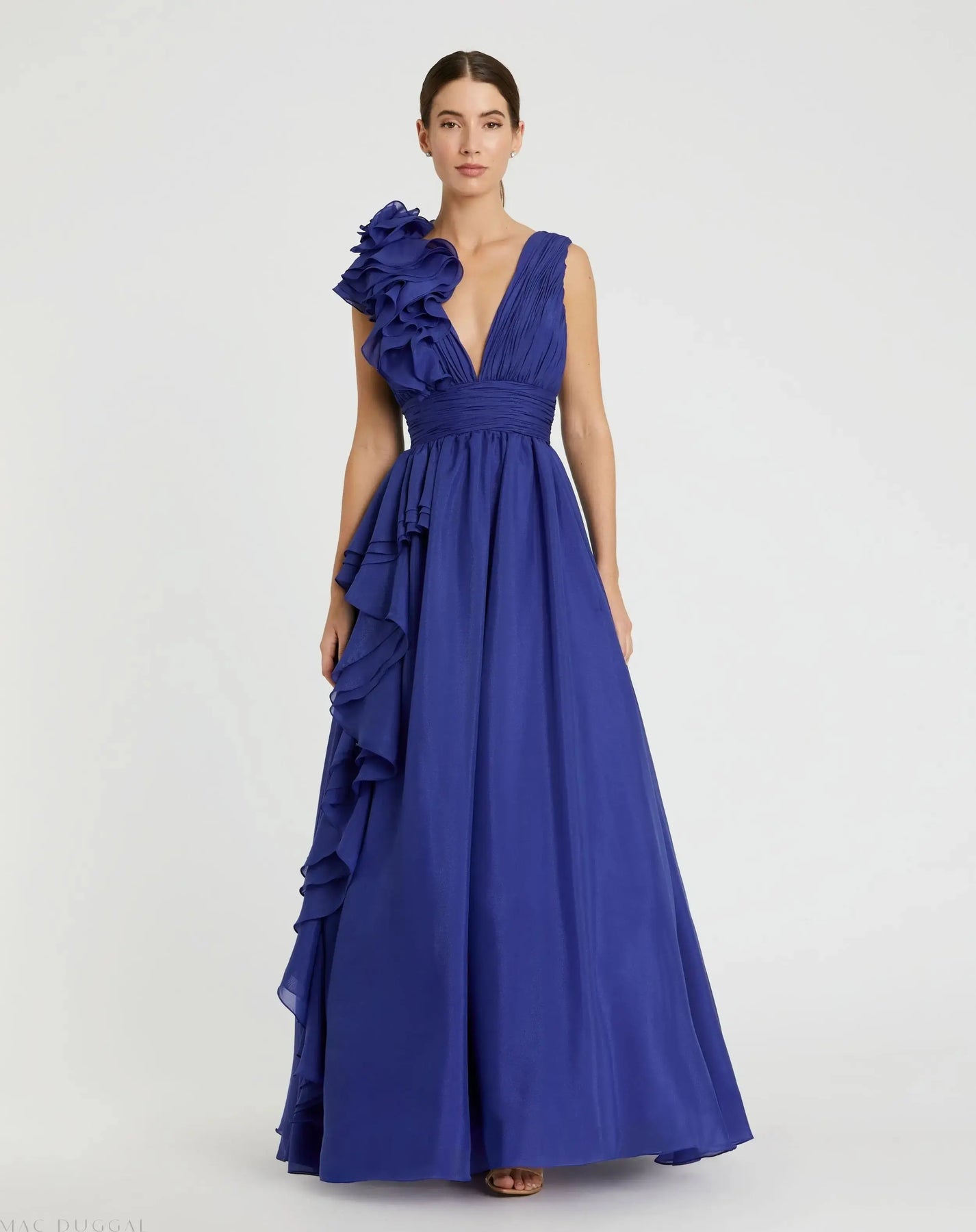 Dark Blue Ruffle Shoulder V-Neck Chiffon Gown | Mac Duggal