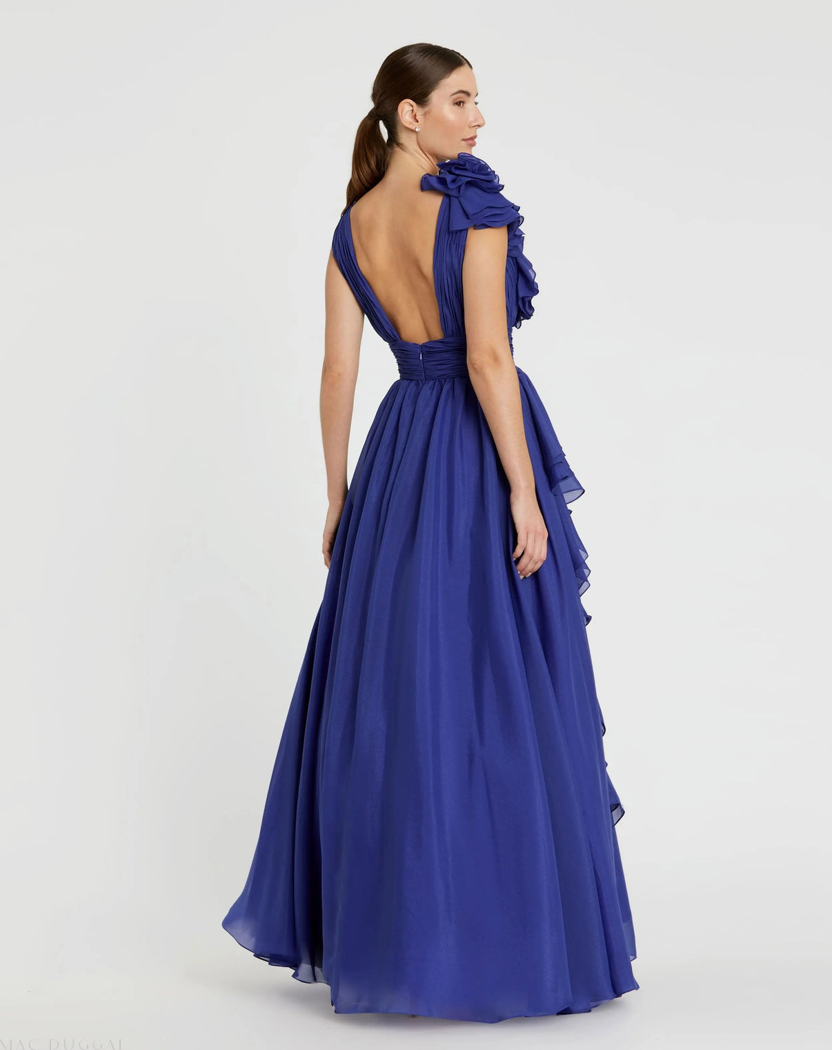 Dark Blue Ruffle Shoulder V-Neck Chiffon Gown | Mac Duggal