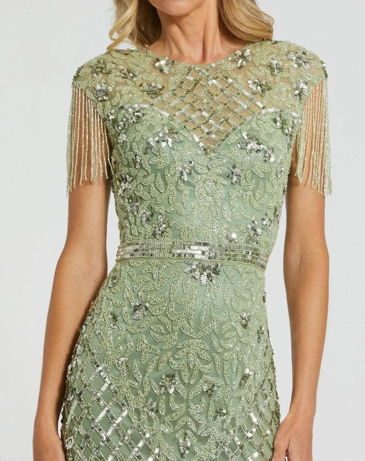 Green High Neck Beaded Fringe Fitted Gown | Mac Duggal