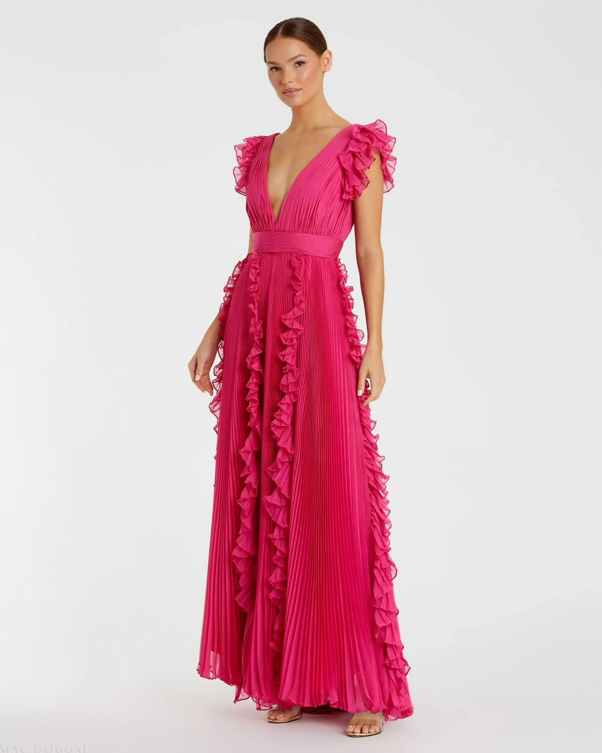 Pink Pleated Ruffle Cap Sleeve Flowy A Line Gown | Mac Duggal