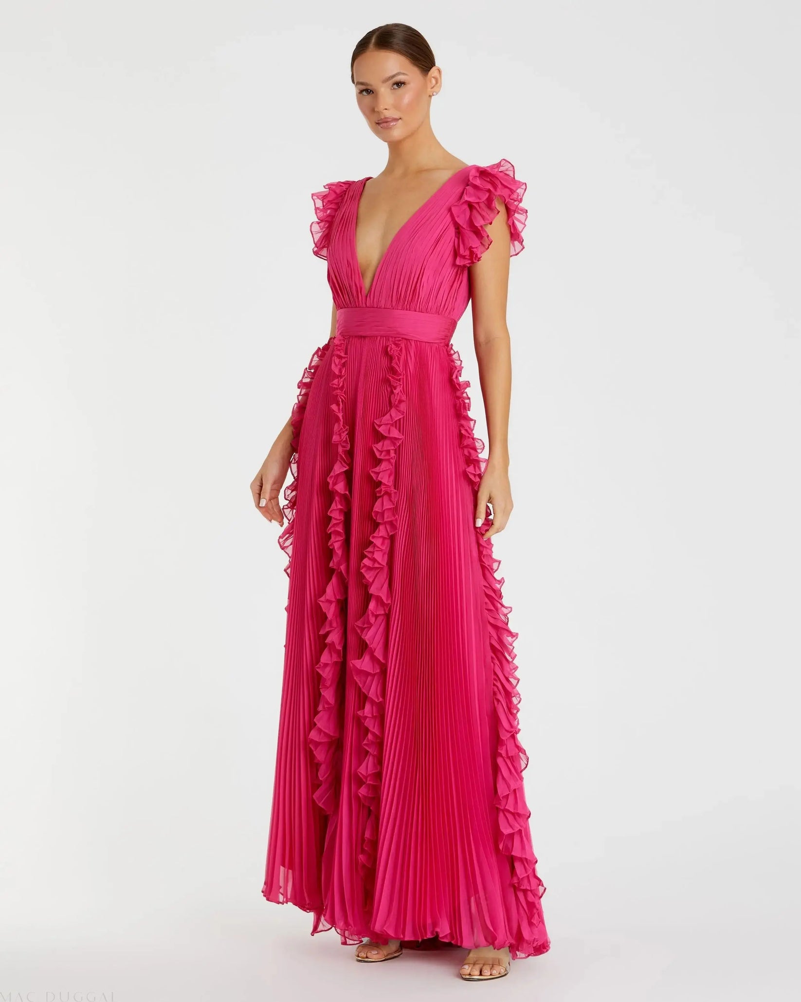 Pink Pleated Ruffle Cap Sleeve Flowy A Line Gown - Mac Duggal