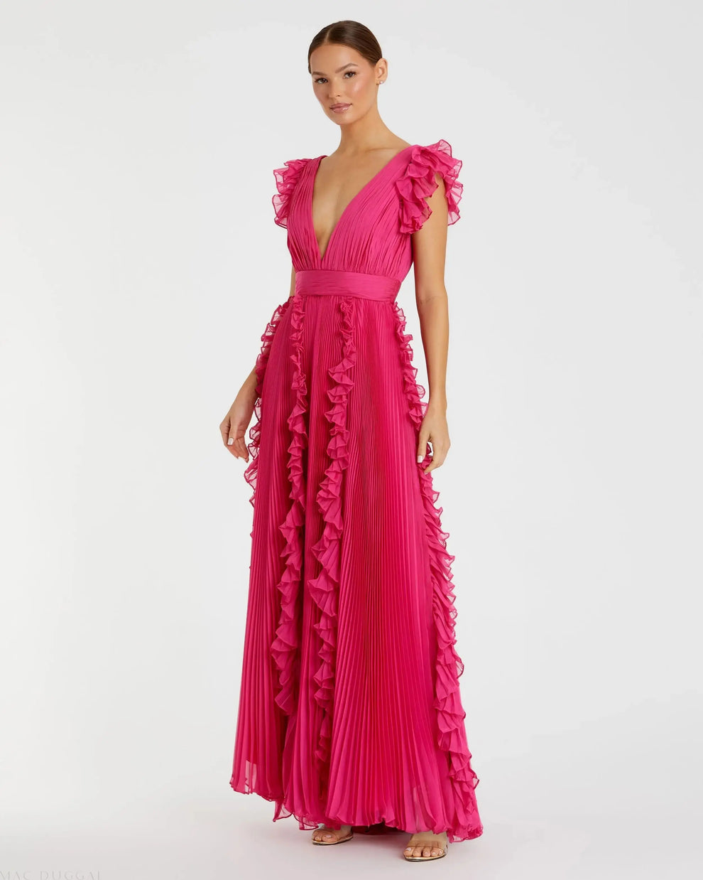 Pink Pleated Ruffle Cap Sleeve Flowy A Line Gown | Mac Duggal