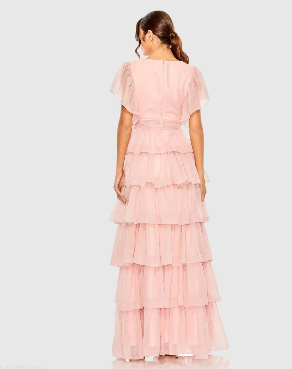Pink Flutter Sleeve Ruffle Tiered Gown - Mac Duggal