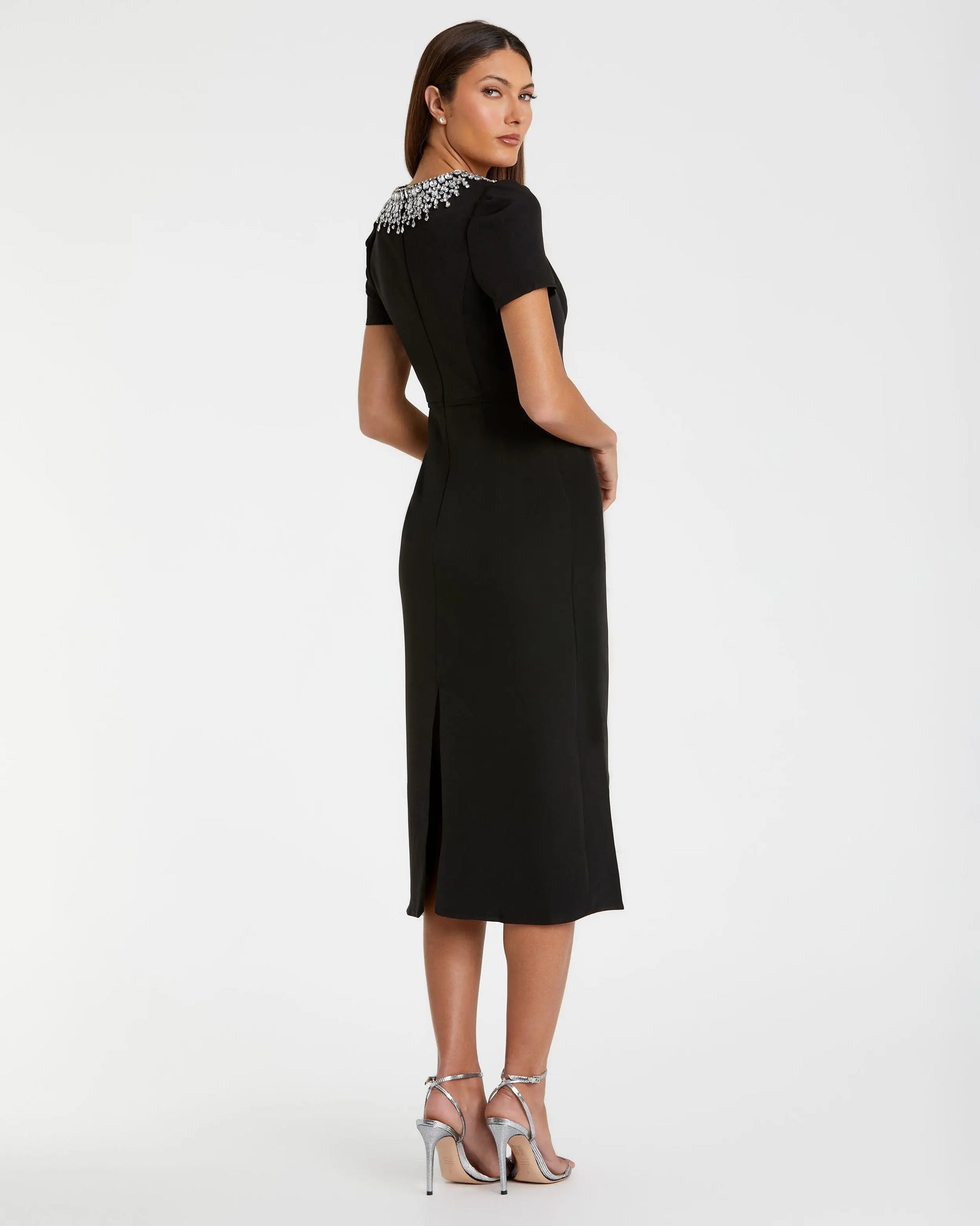 Black Short Sleeve Rhinestone Neckline Sheath Dress | Mac Duggal