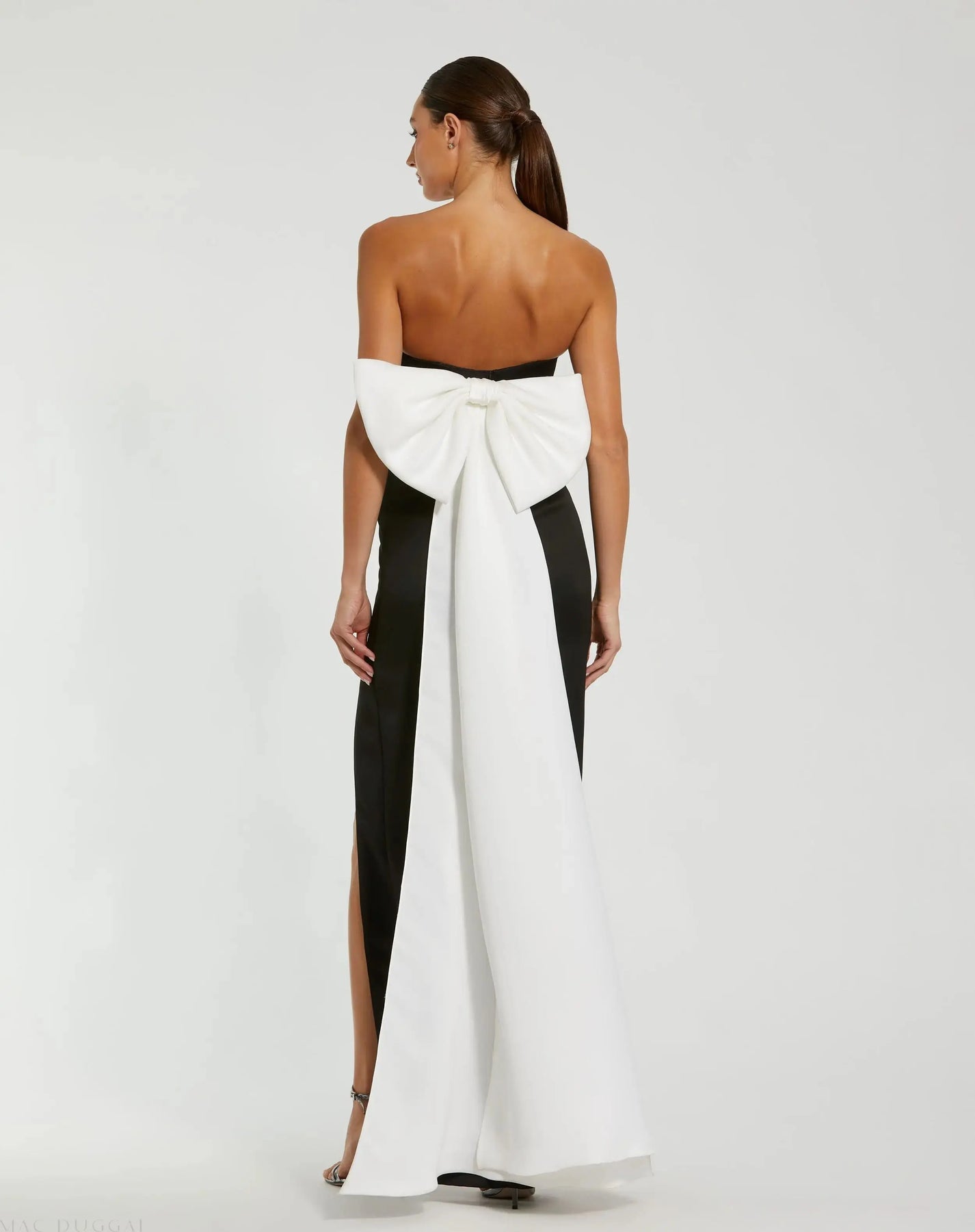 Black Satin Strapless Bustier Gown With Oversized Bow - Mac Duggal