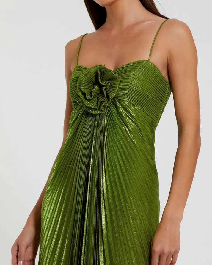 Green Metallic Pleated Gown With 3D Flower | Mac Duggal