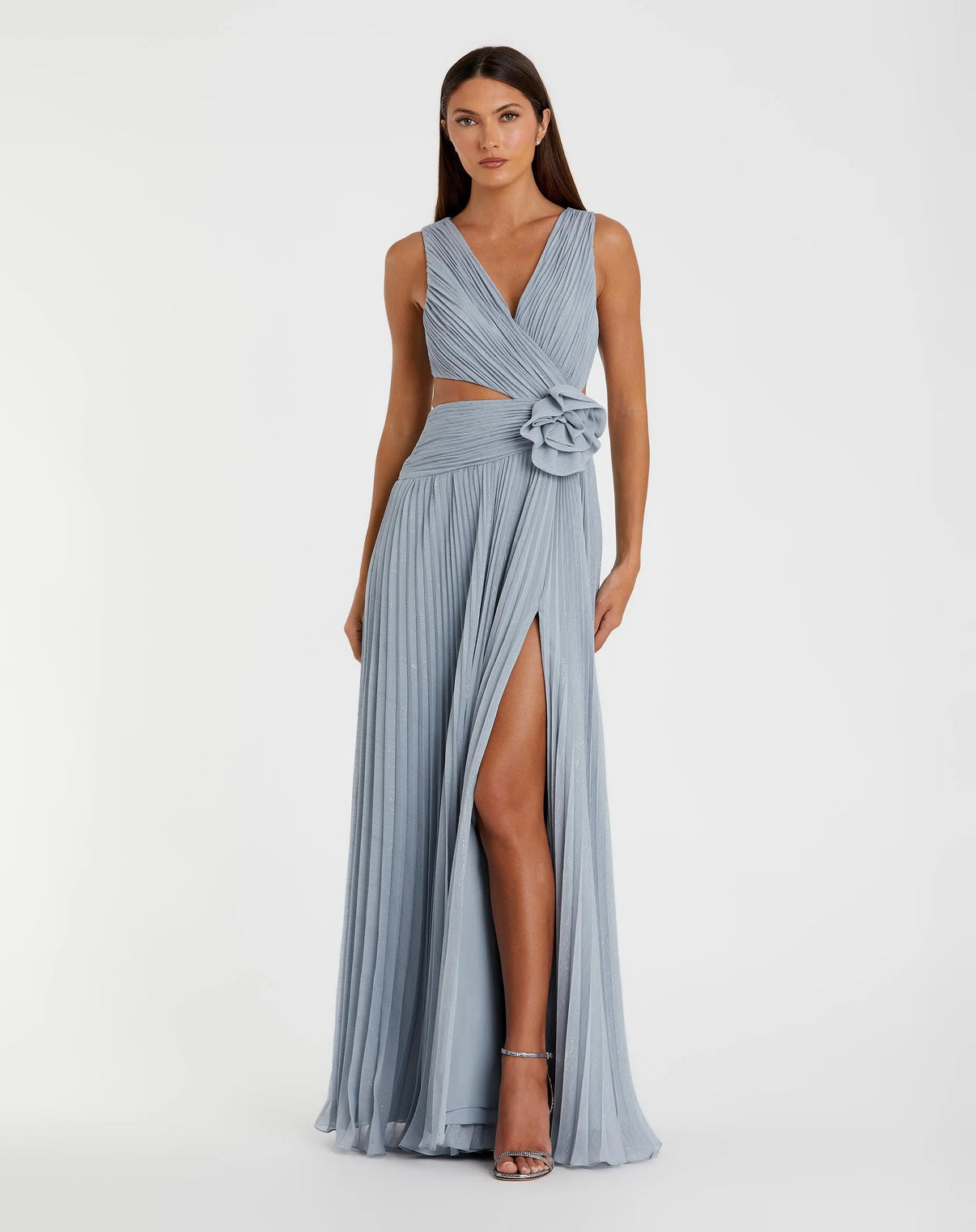 Blue Ruched Chiffon Sleeveless Gown With 3D Flower | Mac Duggal
